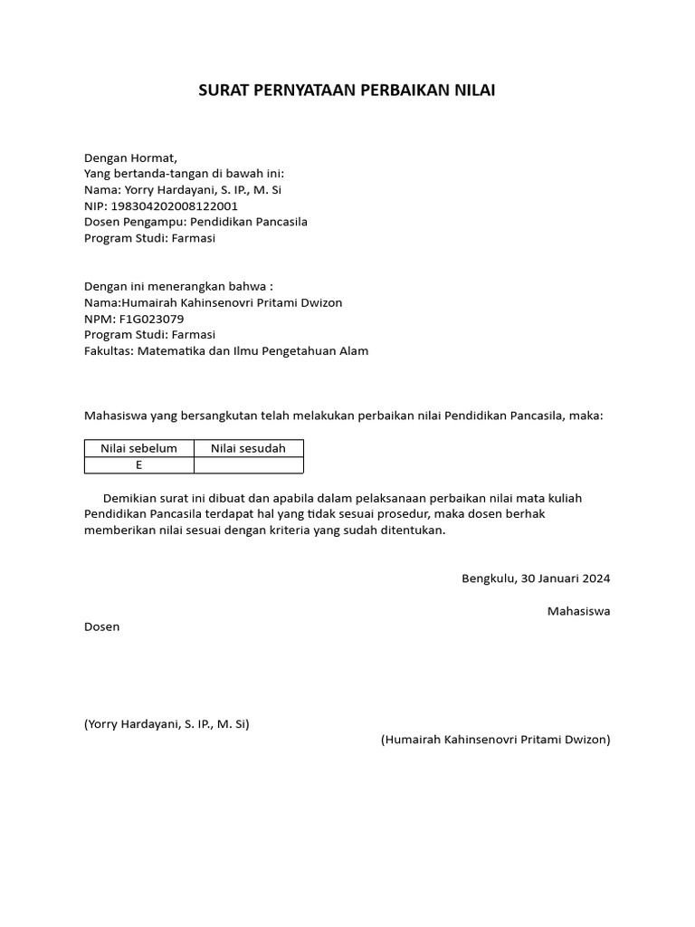 Ssurat Pernyataan Perbaikan Nilai | PDF