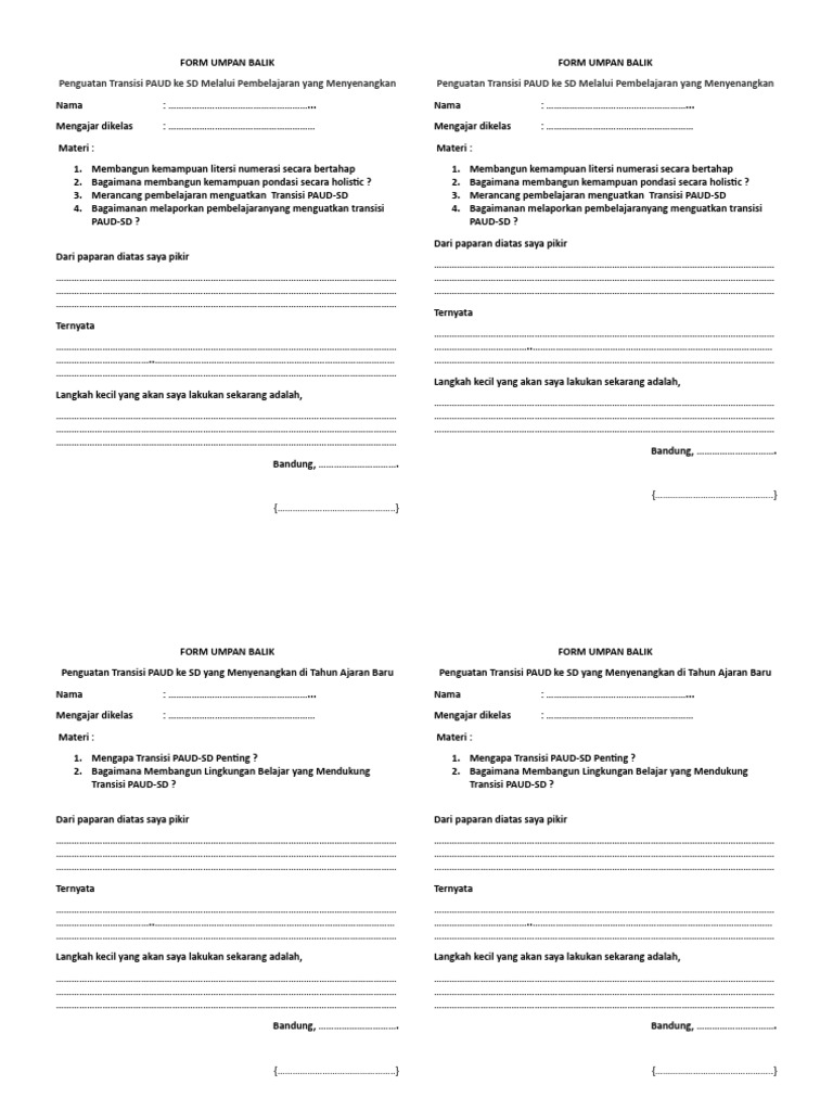 FORM UMPAN BALIK Penguatan PAUD 2 Melalui Pembelajaran Yang Menyenangkan | PDF