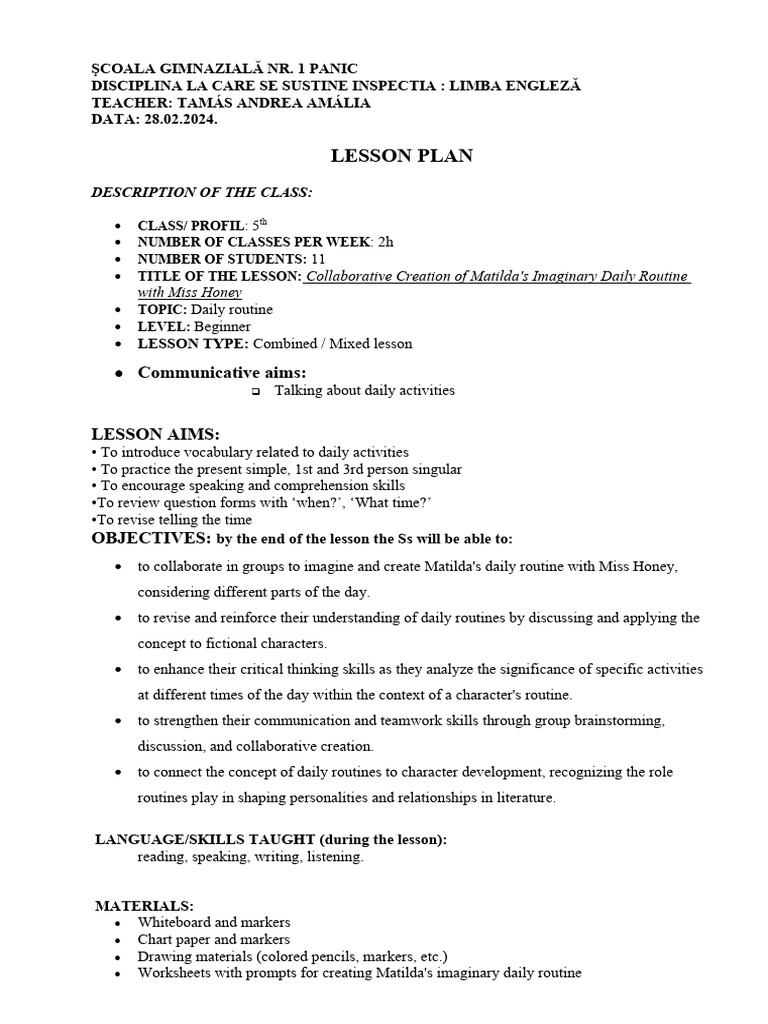 Daily Routine - 5th Grade | Download Free PDF | Creativity | Storytelling