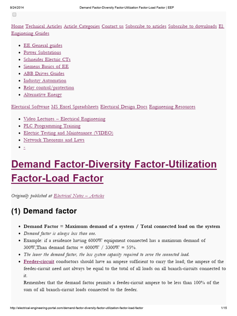 Demand Factor Diversity Factor Utilization Factor Load Factor EEP | PDF | Electric Motor ...