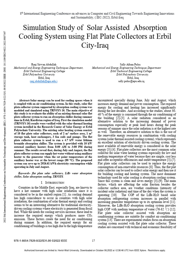 Simulation Study of Solar Assisted Absorption Cooling System Using Flat ...