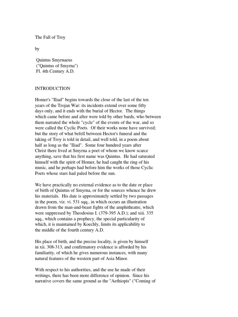 Quintus Smyrnaeus: The Fall of Troy | PDF | Trojan War | Greek Mythology