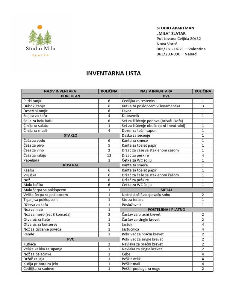 Inventarna_lista_Studio_apartman_MILA | PDF