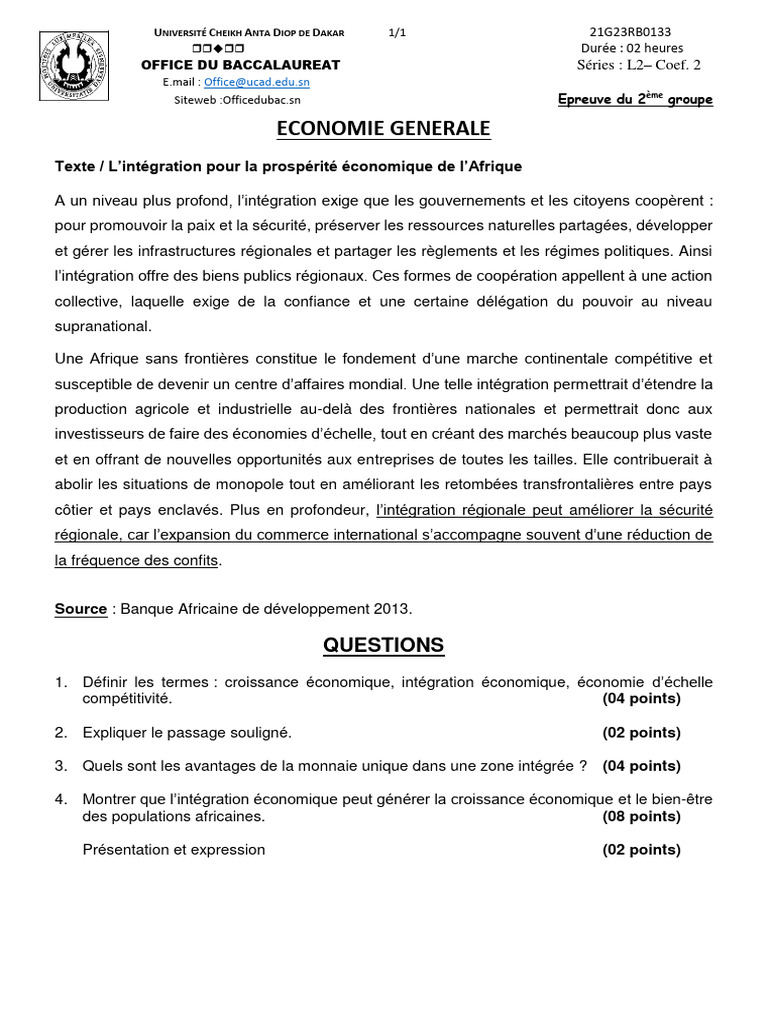 Épreuve Économie Bac L2 2021 Sénégal | PDF | Sciences sociales