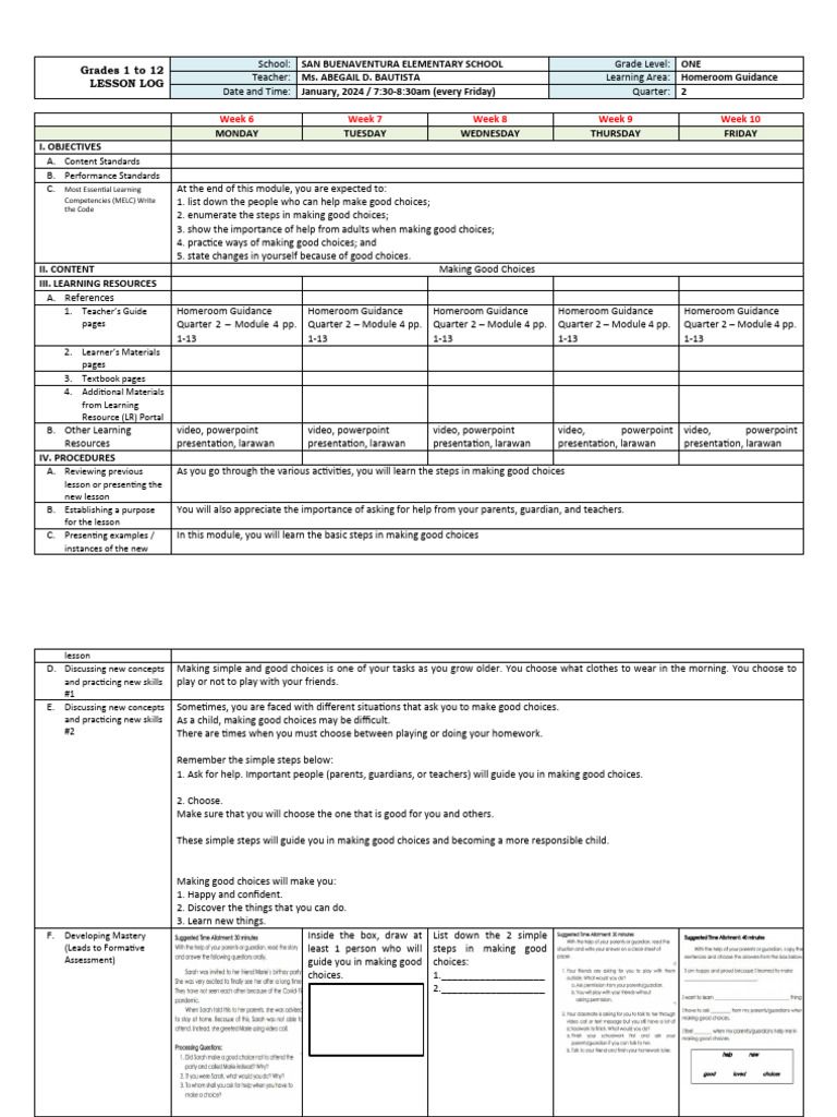 Grade 1 Homeroom Guidance Lesson Plan | PDF
