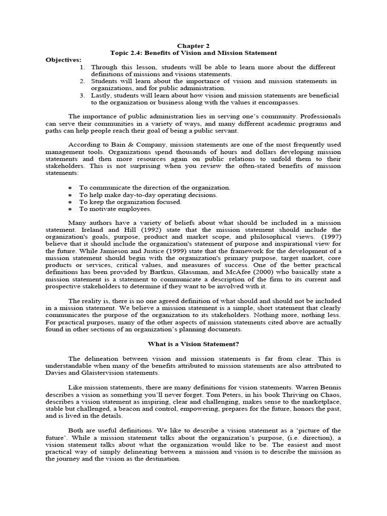 Benefits of Vision and Mission Statement | PDF | Public Administration ...