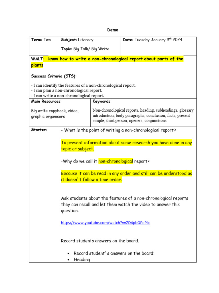 Lesson Plan - Non Chronological Report | PDF | Cognitive Science | Learning