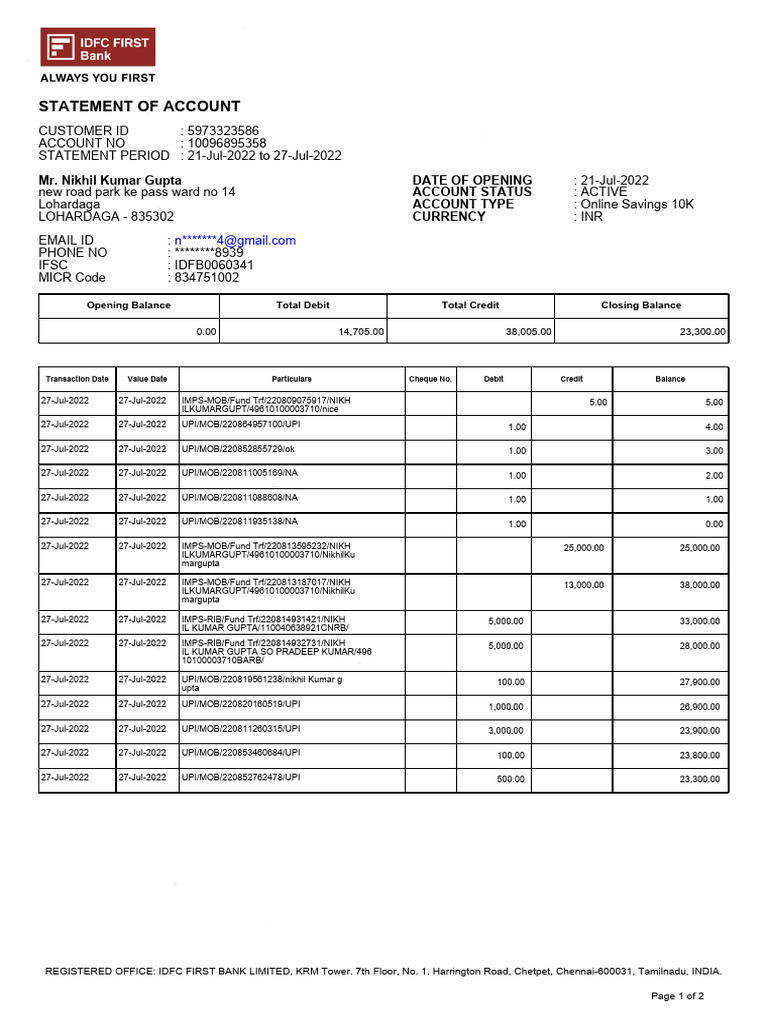 IDFCFIRSTBankstatement 10096895358 | Download Free PDF | Banks | Debit Card