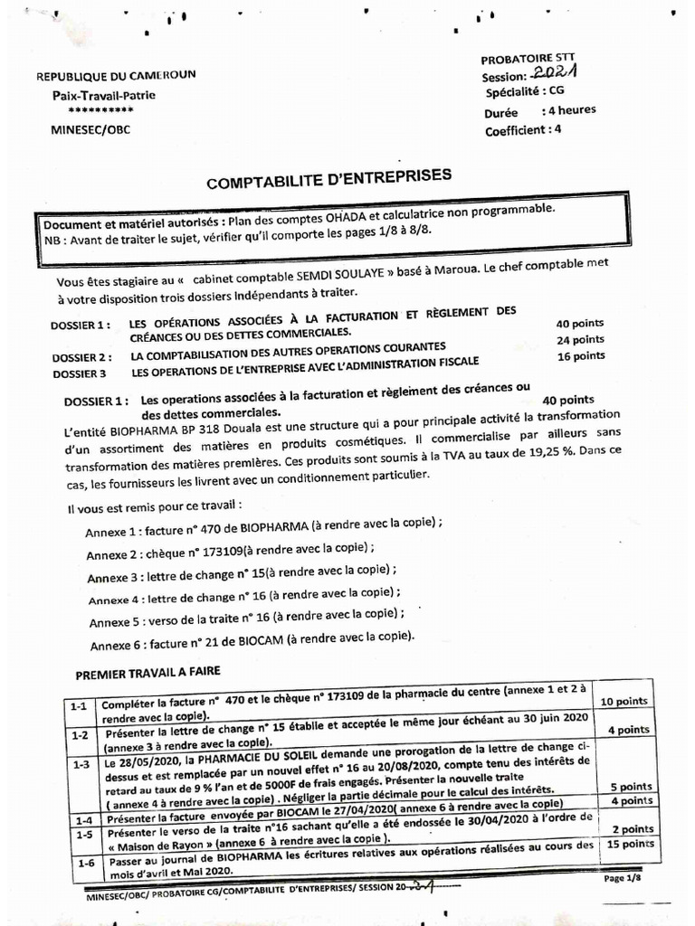 COMPTABILITÃ Dâ ENTREPRISE - PROBATOIRE STT - SPÃ CIALITÃ CG - SESSION ...