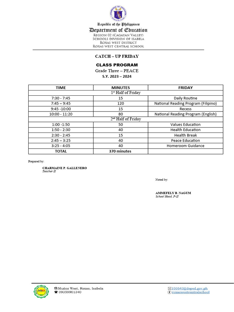 Friday Class Schedule for Grade Three | PDF