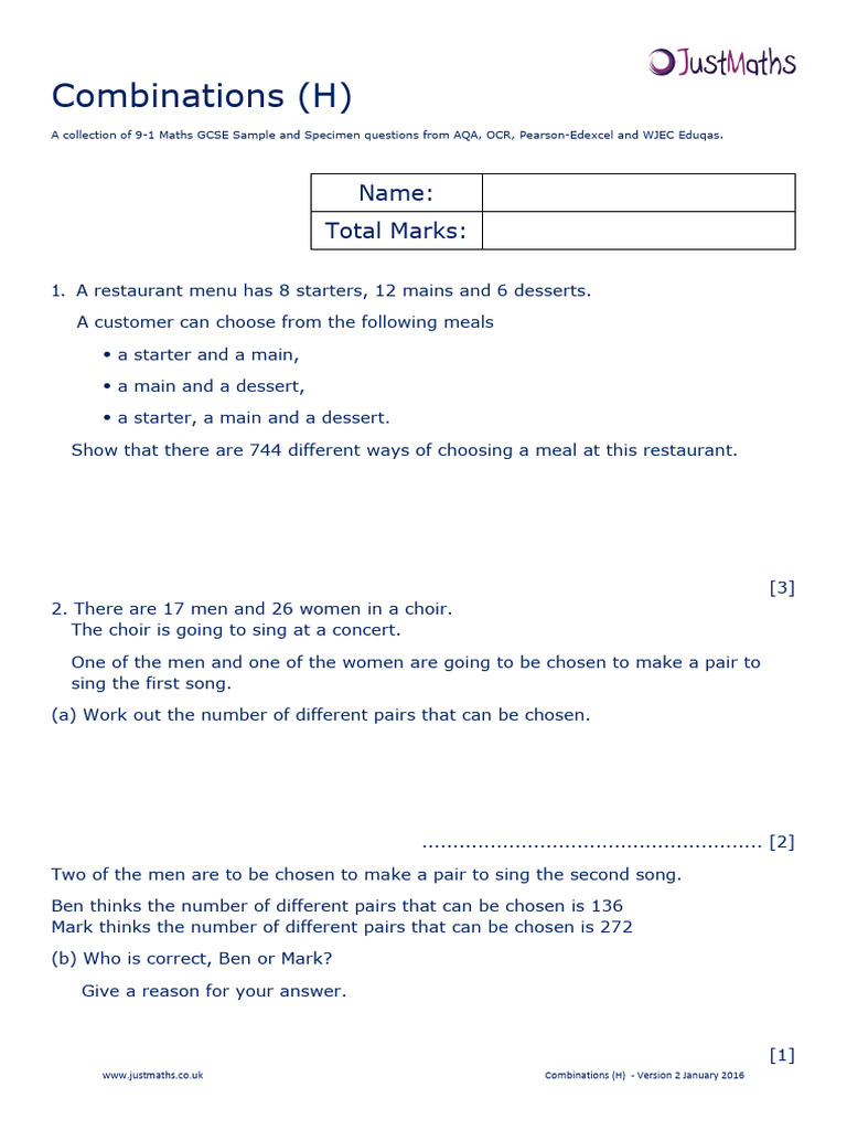 Combinations 9-1 Style Questions | PDF