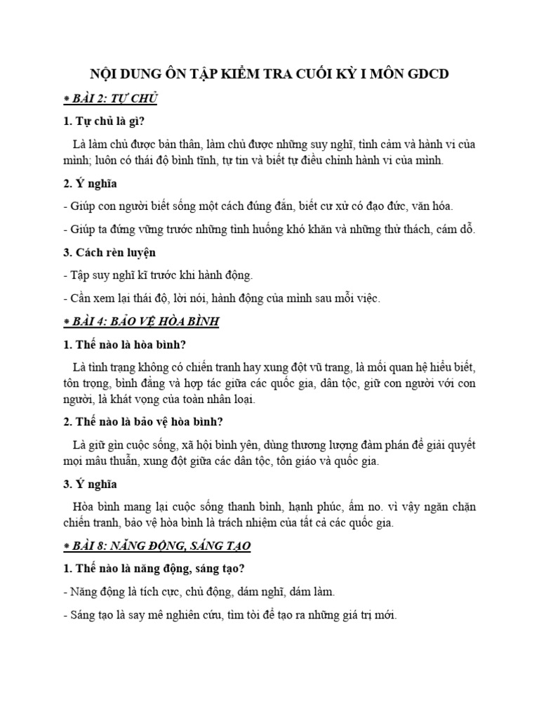 NỘI DUNG ÔN TẬP KIỂM TRA CUỐI KỲ I MÔN GDCD | PDF