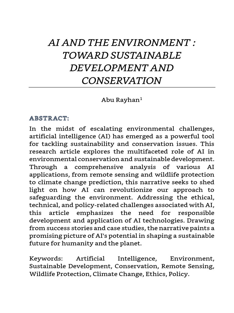 Ai And The Environment Toward Sustainable Development And Conservation