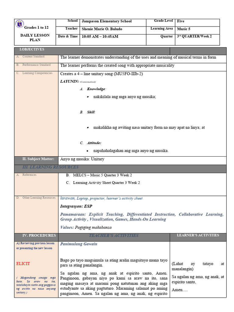 Grade 5 Music Week 2 Lesson Plan Pdf