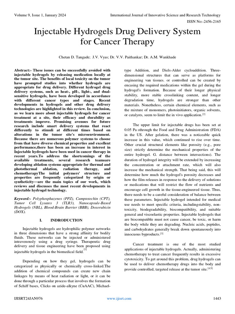 Injectable Hydrogels Drug Delivery System For Cancer Therapy | PDF