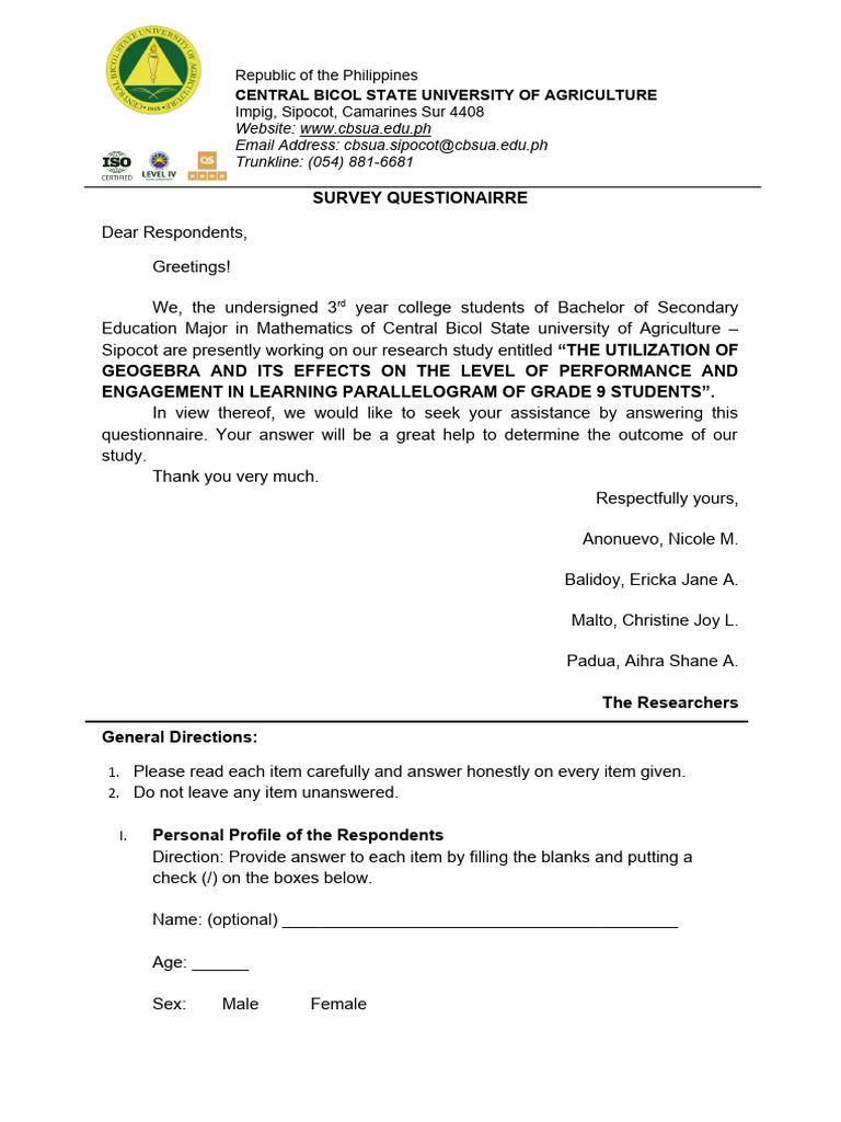 SURVEY QUESTIONAIRRE (Math) | PDF