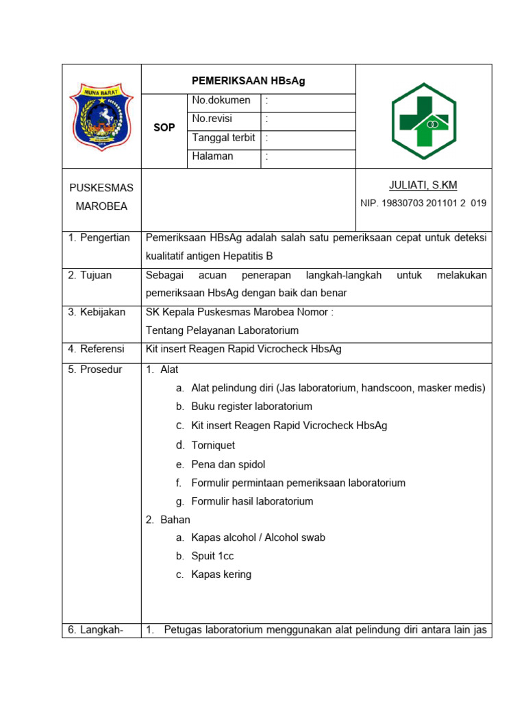 Sop Pemeriksaan Hbsag | PDF