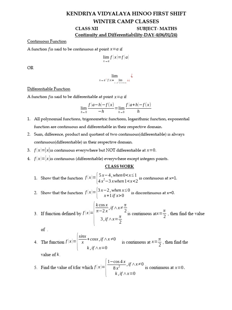 Class XII Maths: Continuity & Differentiability | PDF | Teaching Methods & Materials