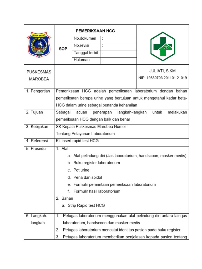 Sop Pemeriksaan HCG | PDF