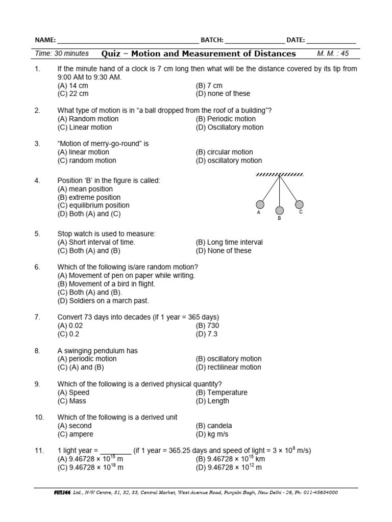 Quiz on Motion and Measurement | PDF | Kilogram | Speed