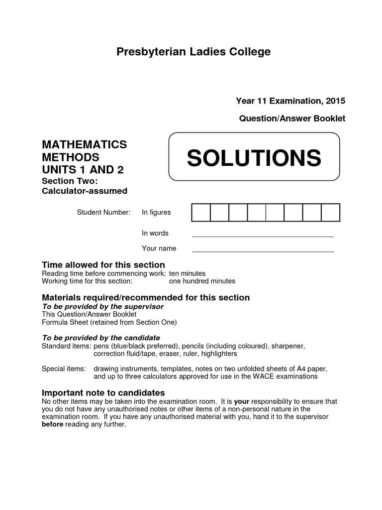 2015 Yr11 Methods Sem2 Exam Calc Solutions | PDF | Circle | Function ...