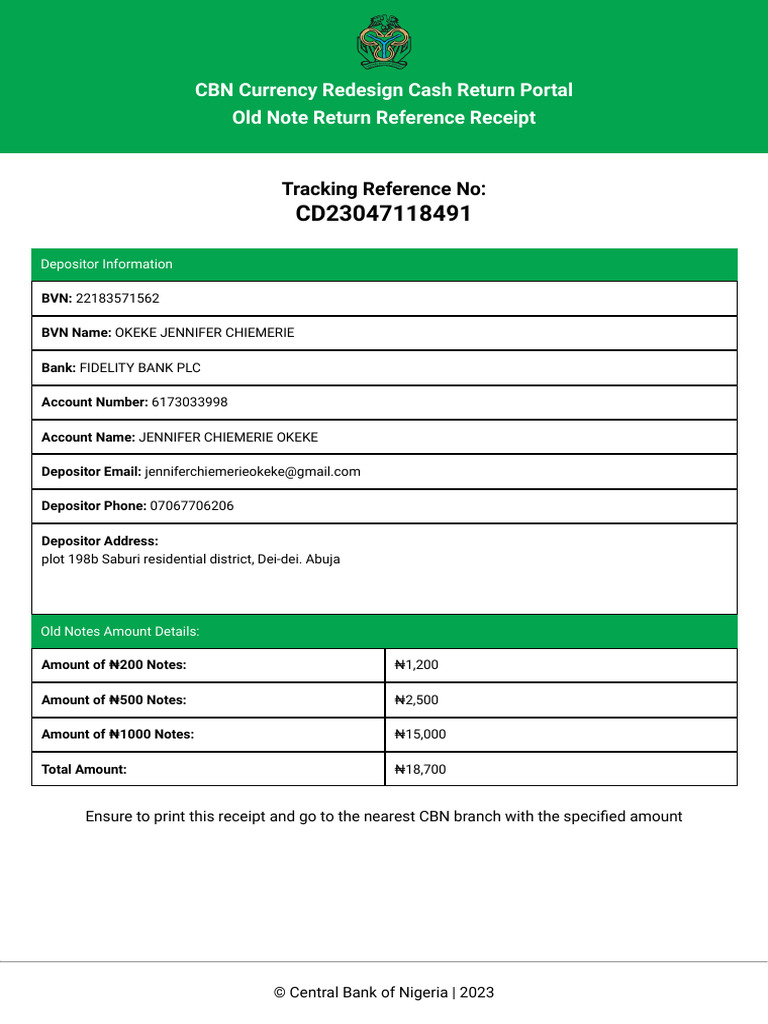 CBN Currency Redesign Cash Return Portal Old Note Return Reference ...