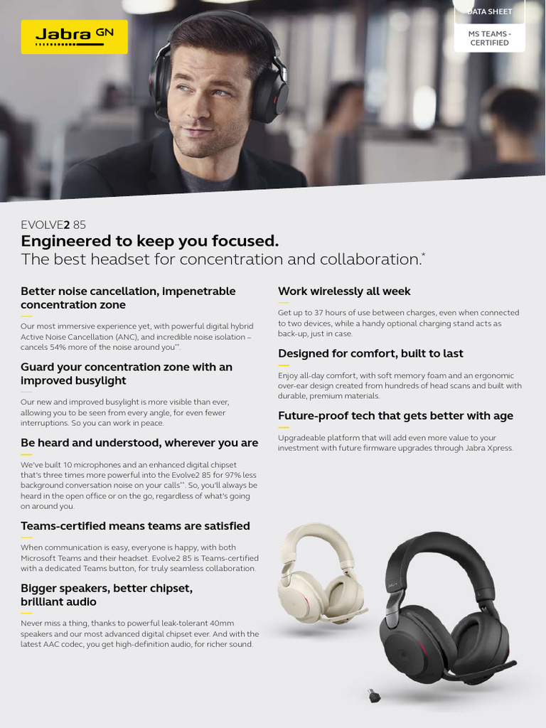 Jabra Evolve2 85 Datasheet Teams A4 Web | PDF | Usb | Bluetooth