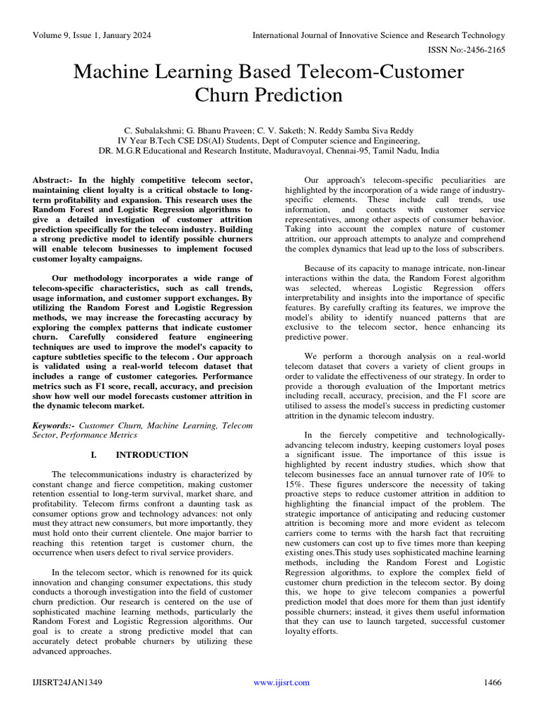 Machine Learning Based Telecom Customer Churn Prediction Pdf Machine Learning Regression