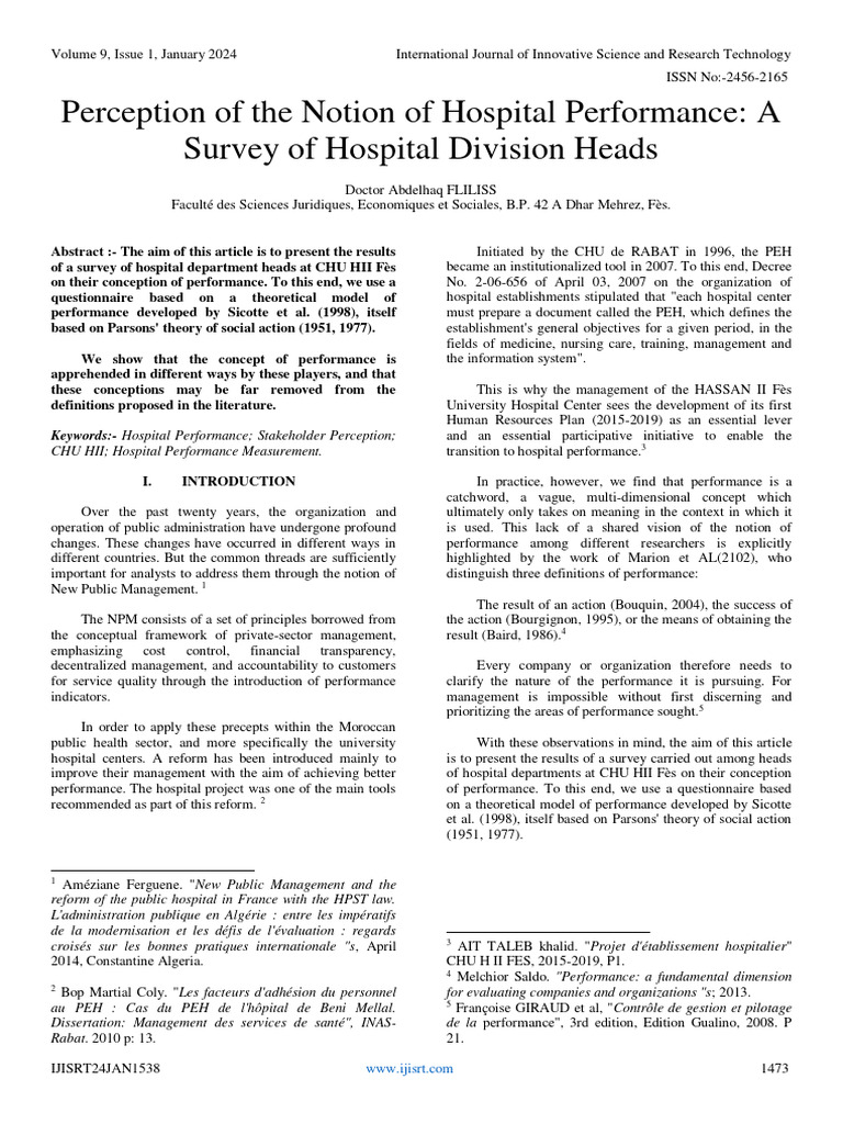 Perception of The Notion of Hospital Performance: A Survey of Hospital ...