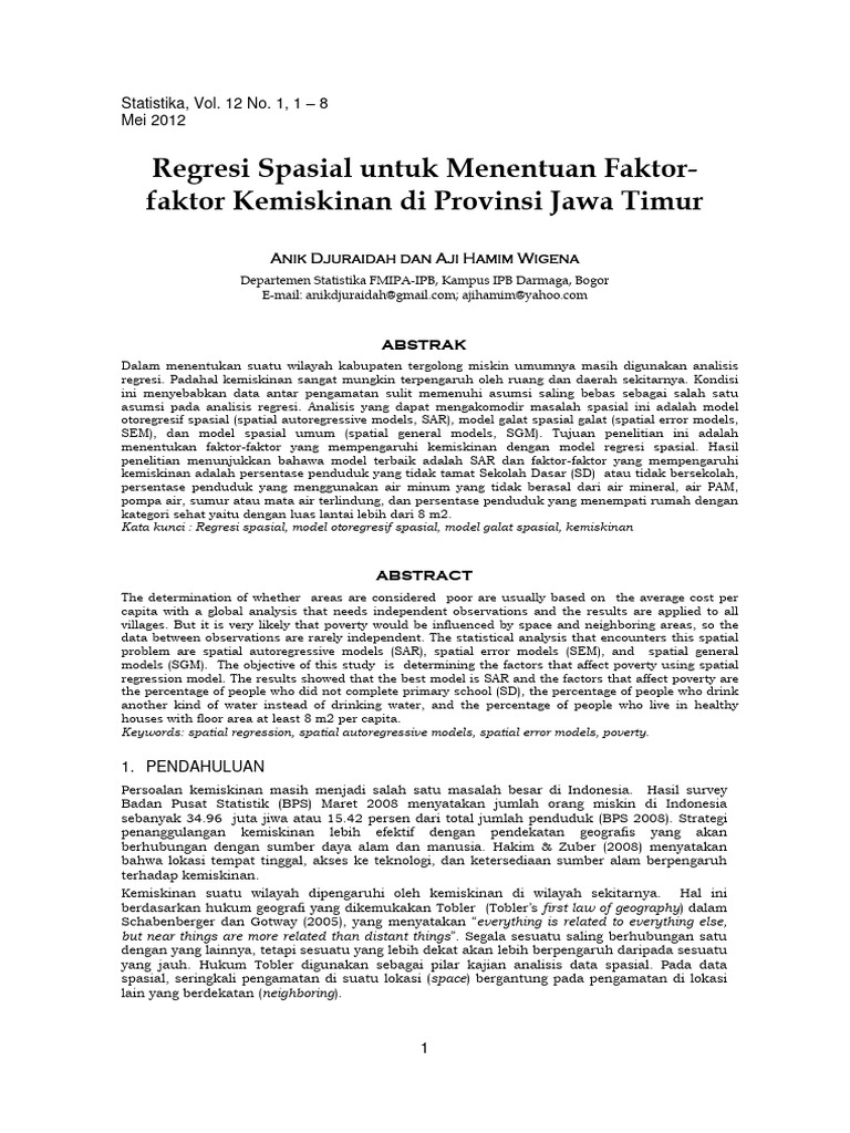 Regresi Spasial Untuk Menentuan Faktor-Faktor Kemiskinan Di Provinsi ... Regresi Spasial Untuk Menentuan Faktor-Faktor Kemiskinan Di Provinsi ...