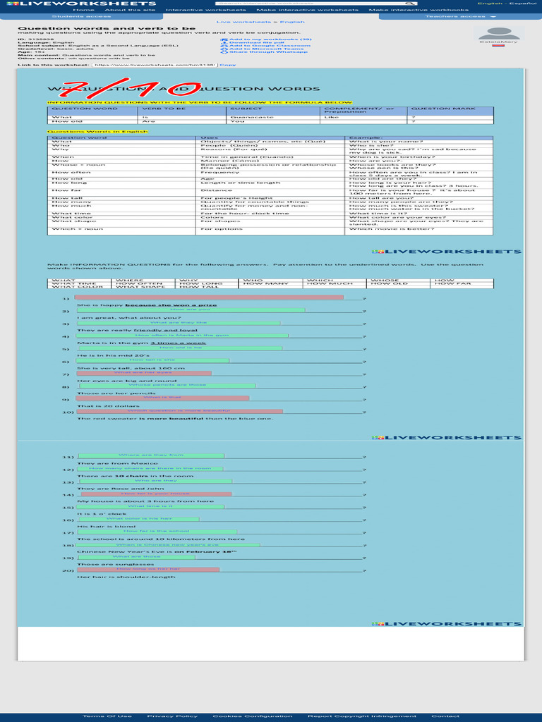 Question Words And Verb To Be Worksheet Pdf Worksheet English