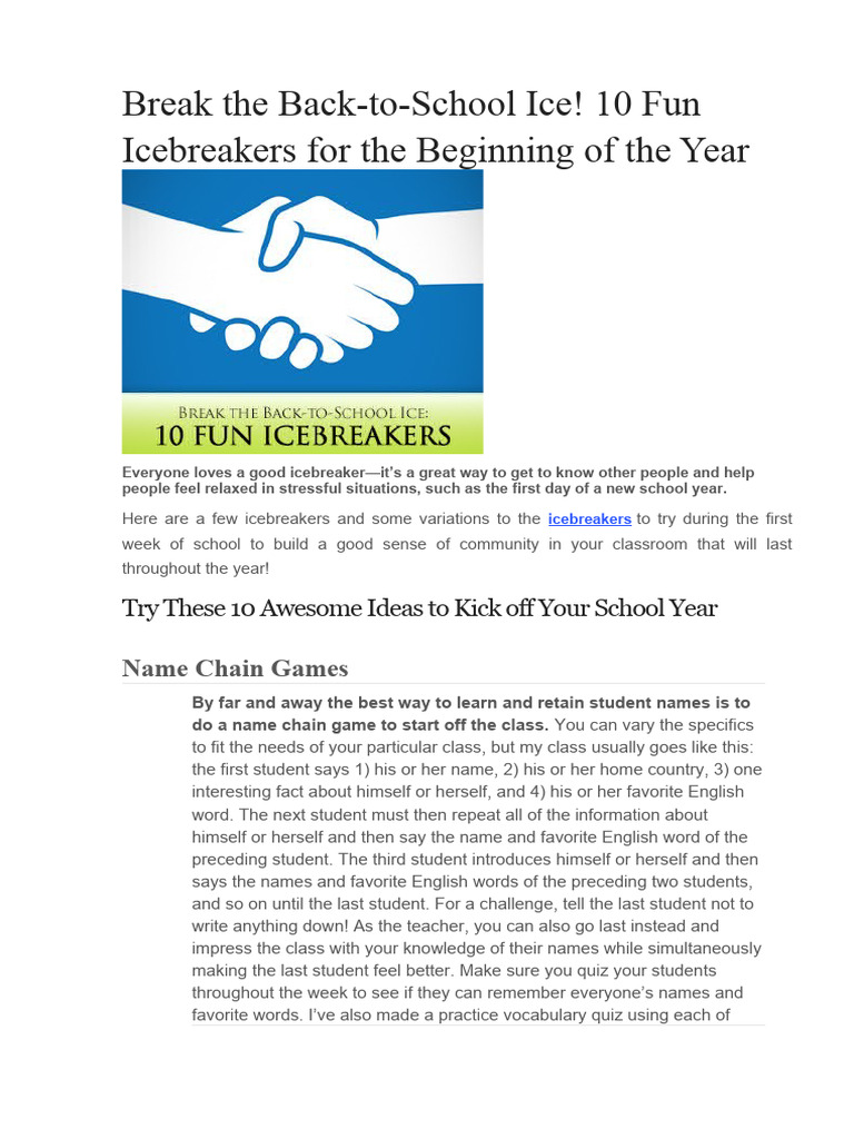 10 Fun Icebreakers For The Beginning of The Year | PDF | English ...