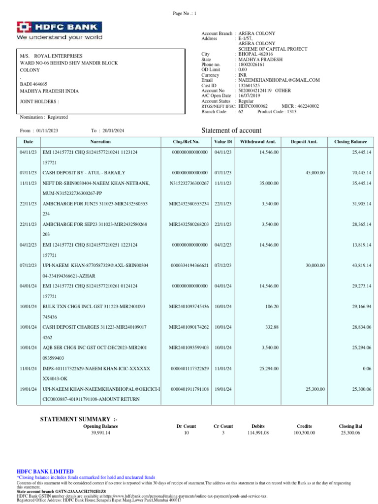 HDFC ACC. Statement | PDF | Banking Technology | Payments