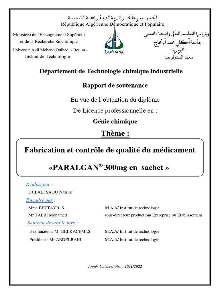 Fabrication Et Contrôle de Qualité Du Médicament PARALGAN® 300mg en ...