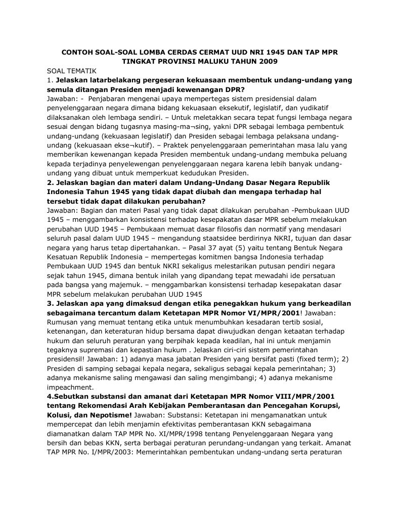 CONTOH SOAL Cerdas Cermat Uud1945 Dan Tap MPR | PDF