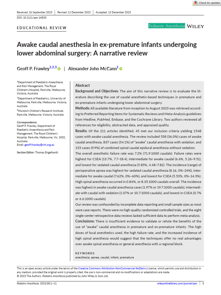 Pediatric Anesthesia - 2023 - Frawley - Awake Caudal Anesthesia in Ex Premature Infants ...