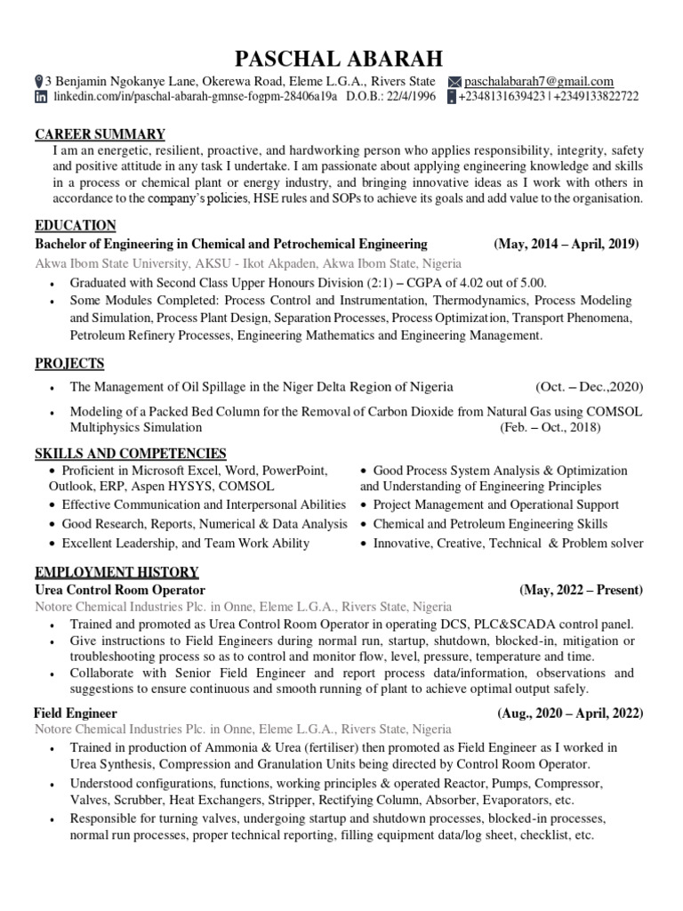 Paschal Abarah CV | PDF | Urea | Engineering