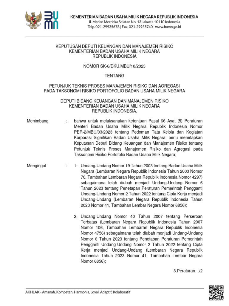 SK-6 DKU.mbu-10-2023 Juknis Proses MR Dan Agregasi Pada Taksonomi Risiko Portofolio BUMN | PDF