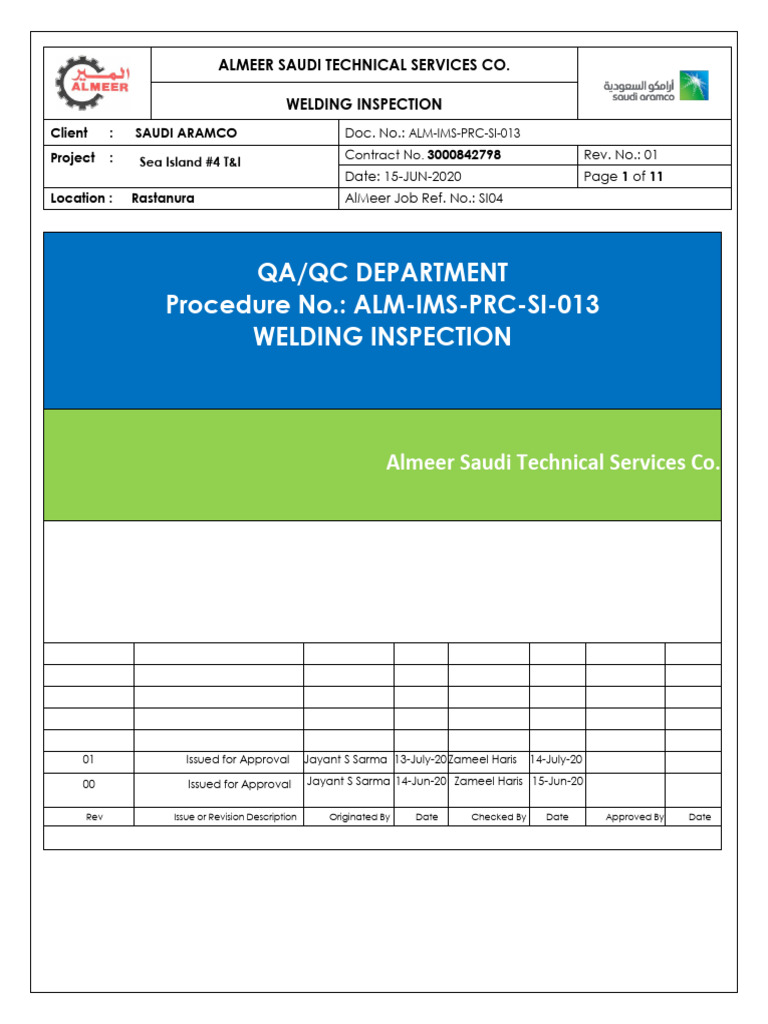 Alm-Ims-Prc-Si-013 Welding Inspection F | PDF | Welding | Construction