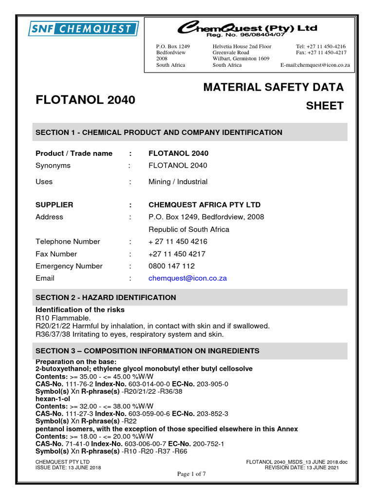 Flotanol 2040 - MSDS | Download Free PDF | Occupational Safety And ...