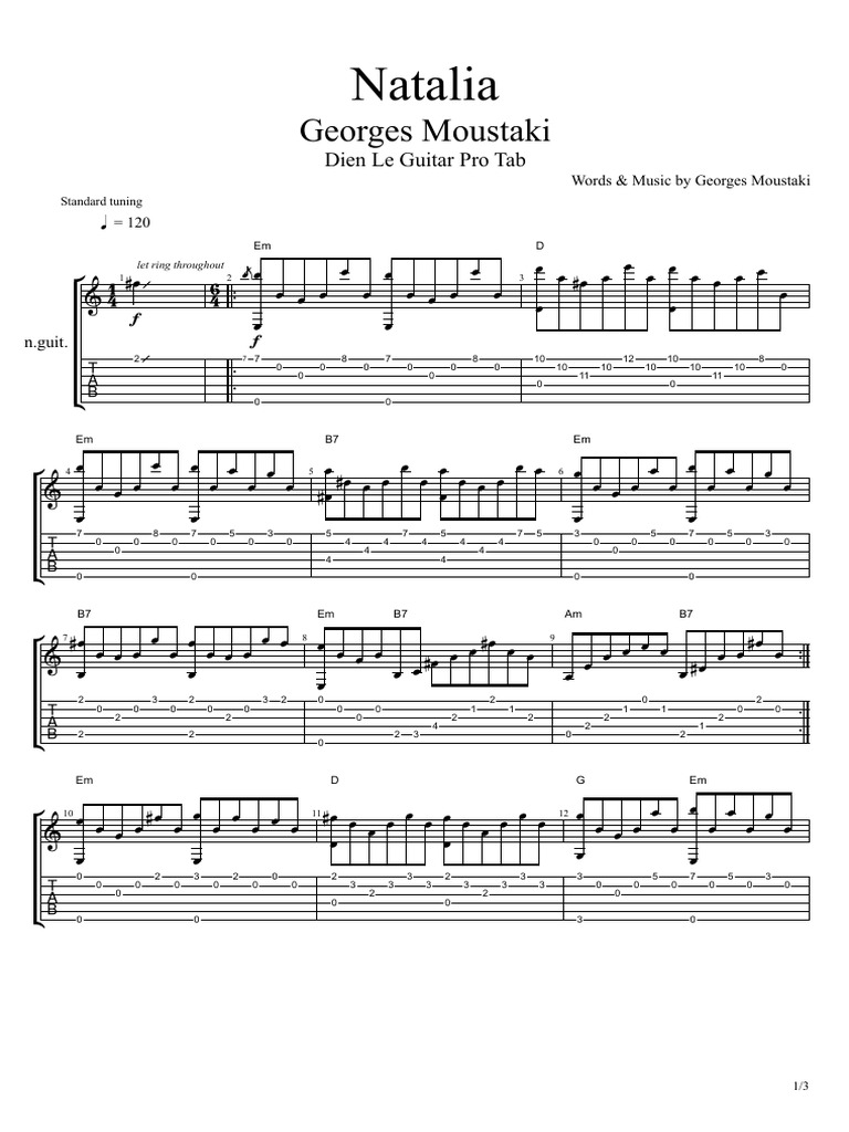 Natalia Guitar Tab by Moustaki | PDF | Guitar Family Instruments ...