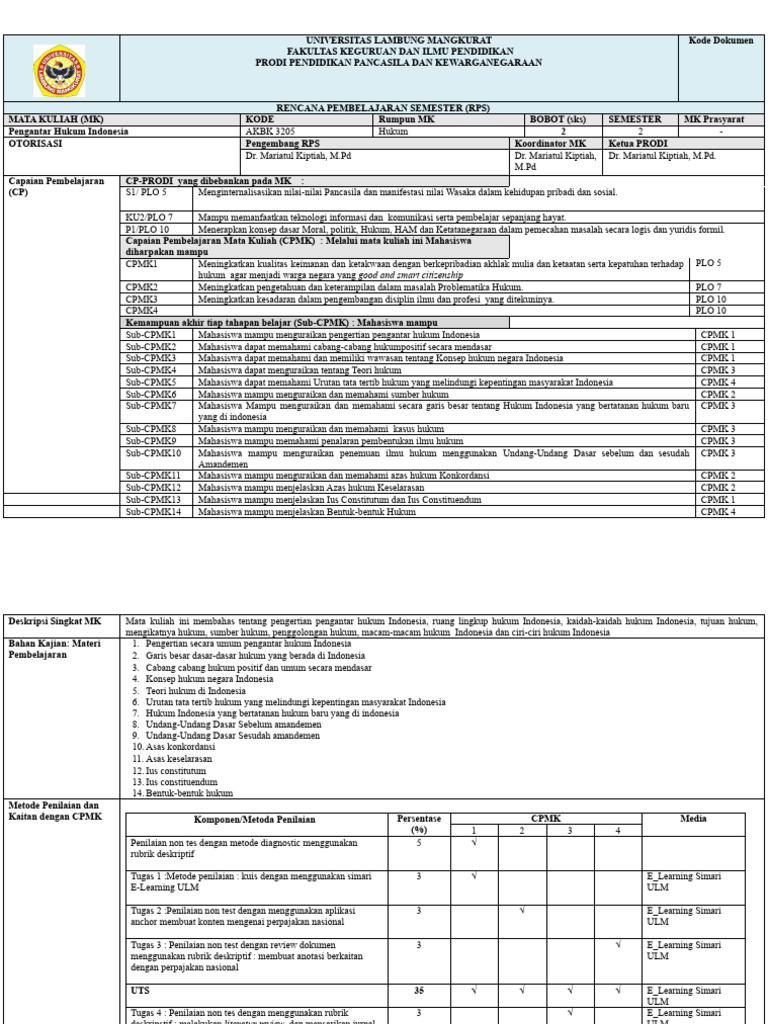 RPS Pengantar Hukum Indonesia | PDF | Ilmu Sosial