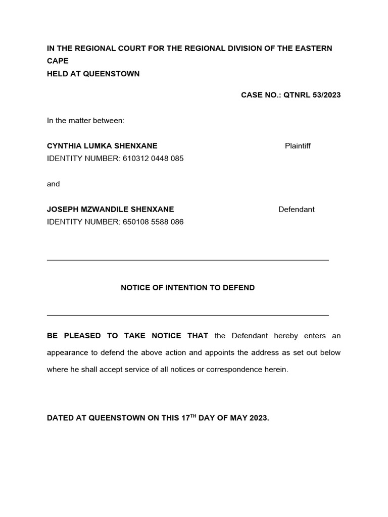 Notice of Intention to Defend Case QTNRL 53/2023 | PDF