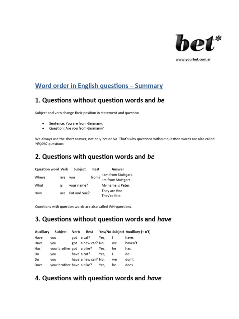 Word Order in English Questions - Summary | PDF | Question | Subject ...