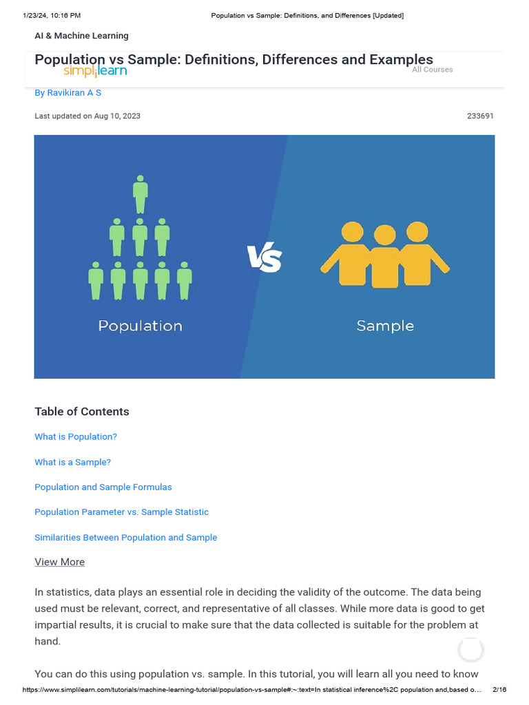 Population Vs Sample - Definitions, and Differences | PDF