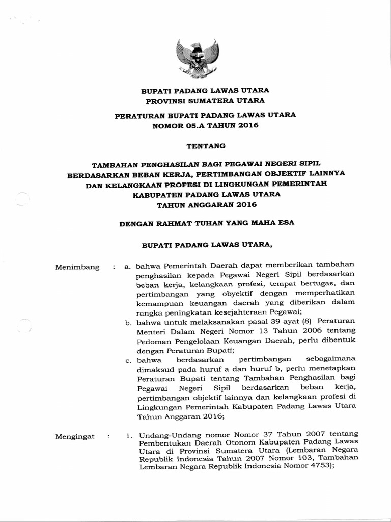 Perbup Nomor 5 A Tahun 2016 Tentang Tambahan Penghasilan Bagi PNS