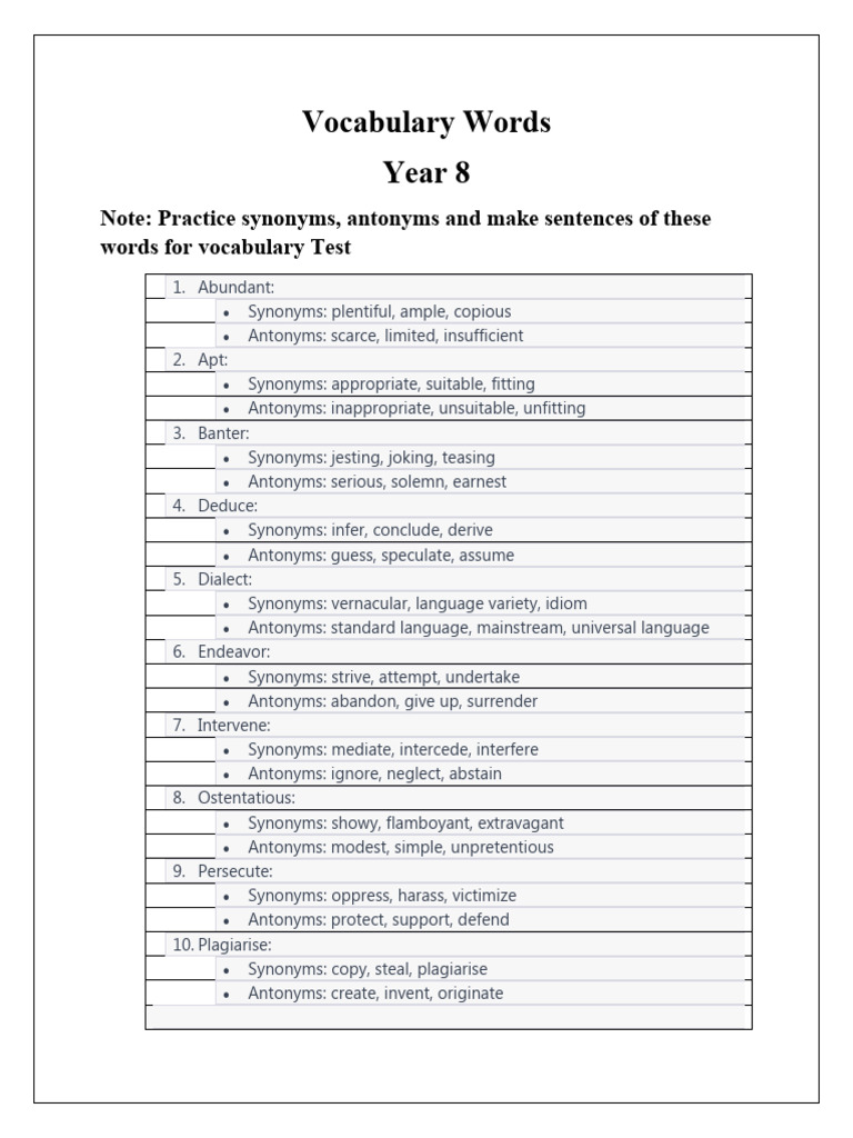 Year 8 Vocabulary Practice | PDF | Art