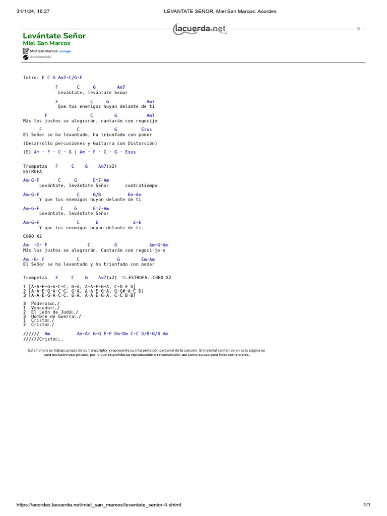 LEVANTATE SEÑOR, Miel San Marcos - Acordes | PDF