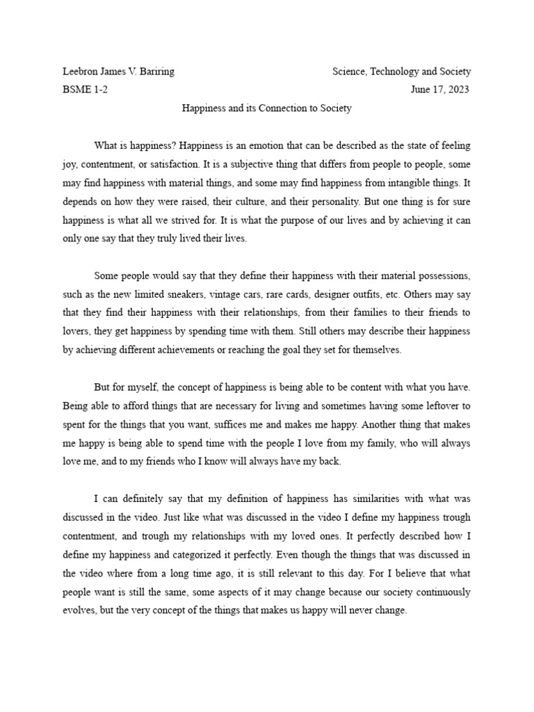 STS Paper 3 Bariring | PDF | Happiness | Contentment