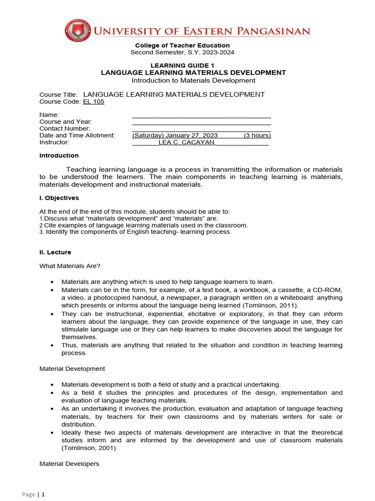 LEARNING GUIDE 1 Materials Materials Development | PDF